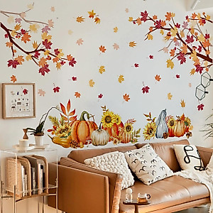 Autumn Fall Leaves Wall Decal Maple Tree Wall Decal DIY Branch Wall Stickers Removable Yellow Leaf Wall Decal for Autumn Holidays Home Classroom Birthday Thanksgiving Harvest Party Decoration