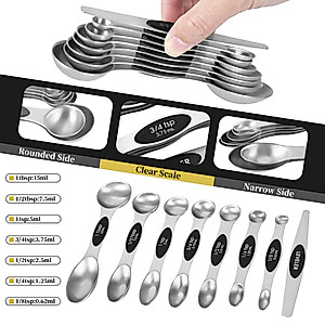 KELOFKO 16 Pieces Measuring Cups and Magnetic Measuring Spoons Set Stainless Steel,8 Measure Cups with Silicone Handle and 7 Double Sided Magnetic Measure Spoons & 1 Leveler