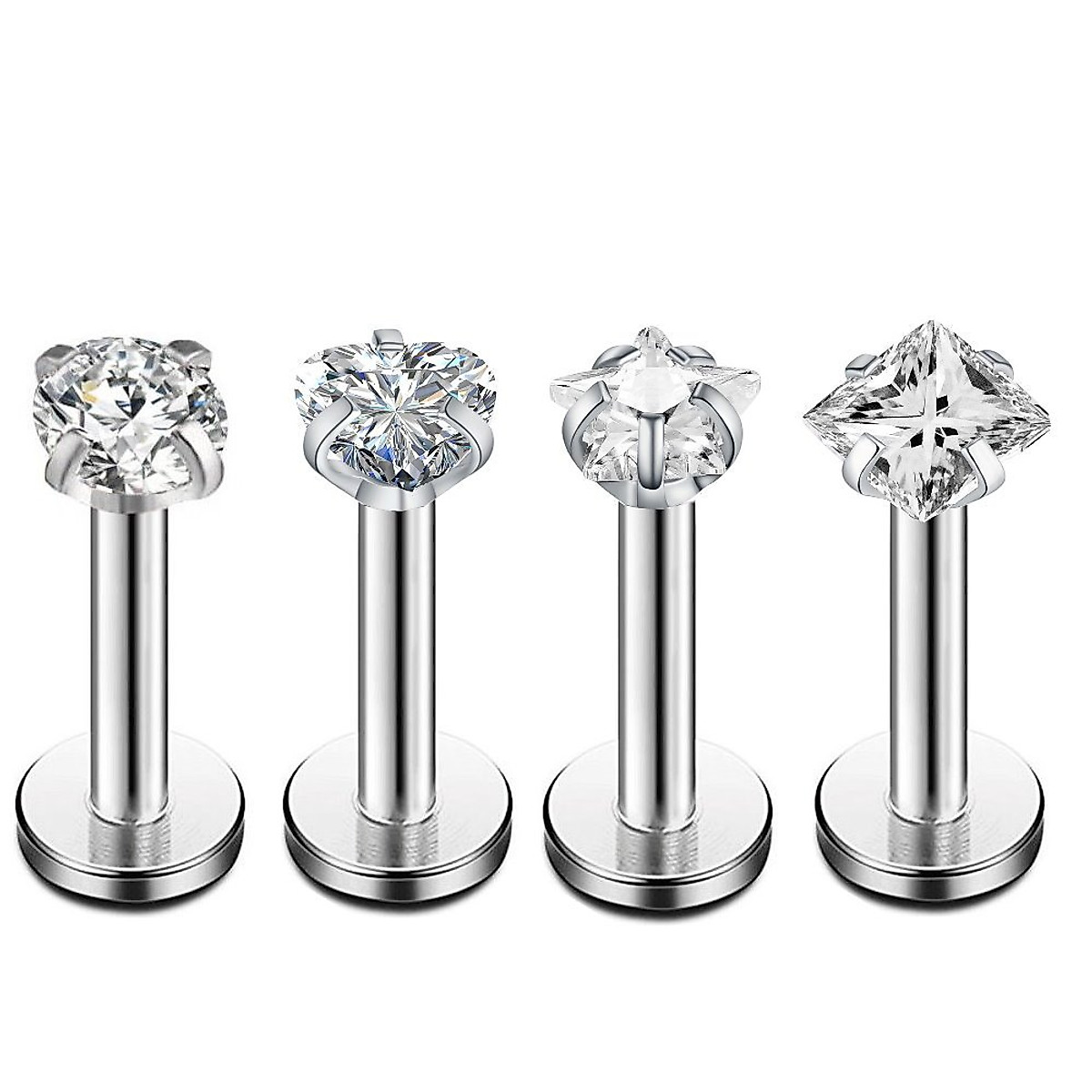 NewZenro 4Pcs 16g Cubic Zirconia Ear Cartilage Tragus Helix Stud Earrings Stainless Steel CZ Lip Monroe Piercing Round Star Set Jewelry Gifts for Women Men Birthday Bff