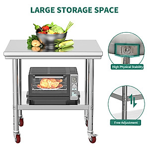YITAHOME NSF Stainless Steel Table, 30" X 24" Work Table with Wheels, 2 Shelves Metal Table Prep Table for Home Kitchen Restaurant Garage Warehouse Outdoor