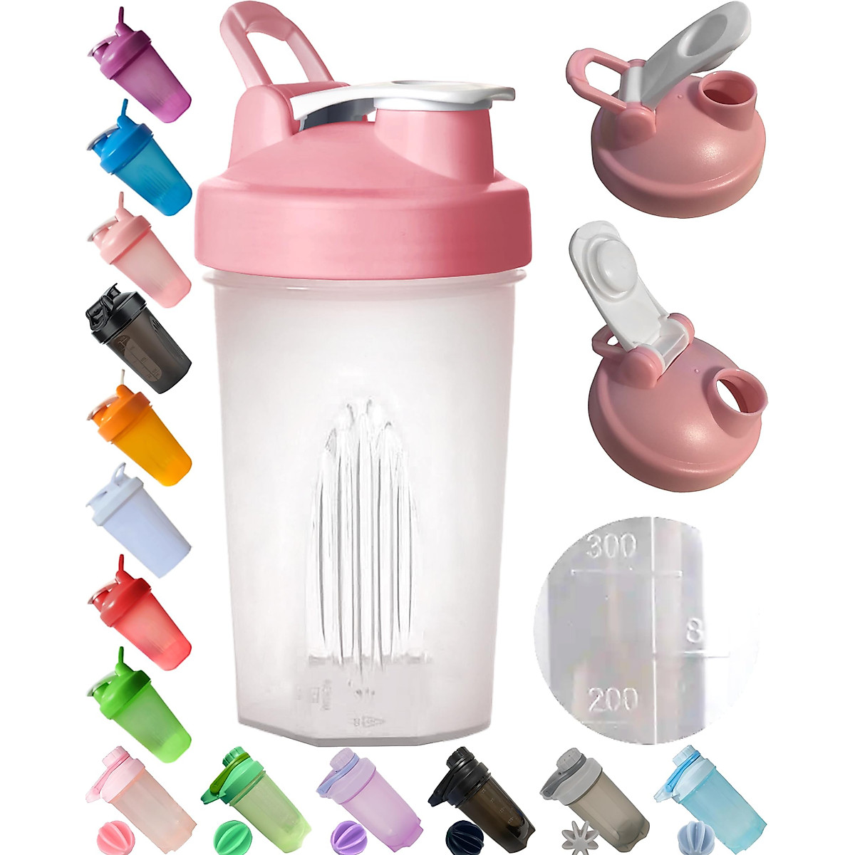 A Small Clear Shaker Bottle w. Pink Lid,12Oz/400ml Measurement Marks & Stainless Whisk Blender Mixer,BPA Free,Made of PP5,-4~248 °F,Perfect for Nutrition/Protein/Keto/Juice Powder Shaking (1YQ5Y)
