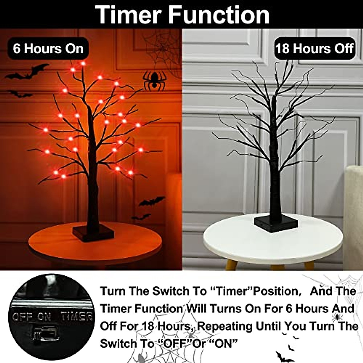 TURNMEON 2 Pack 24 Inch Halloween Birches Tree Decorations with Timer Total 48 LED Orange Lights Battery Powered Tabletop Artificial Black Spooky Tree for Halloween Decorations Indoor Home Decor