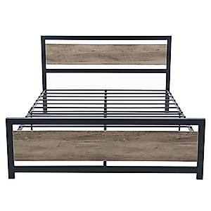 Catrimown Queen Platform Bed Frame with Wooden Headboard and Footboard, Metal Bed Frame Queen Size with Storage, Wooden Bed Frame, Strong Slat Support/No Box Spring Needed/Easy Assembly, Black