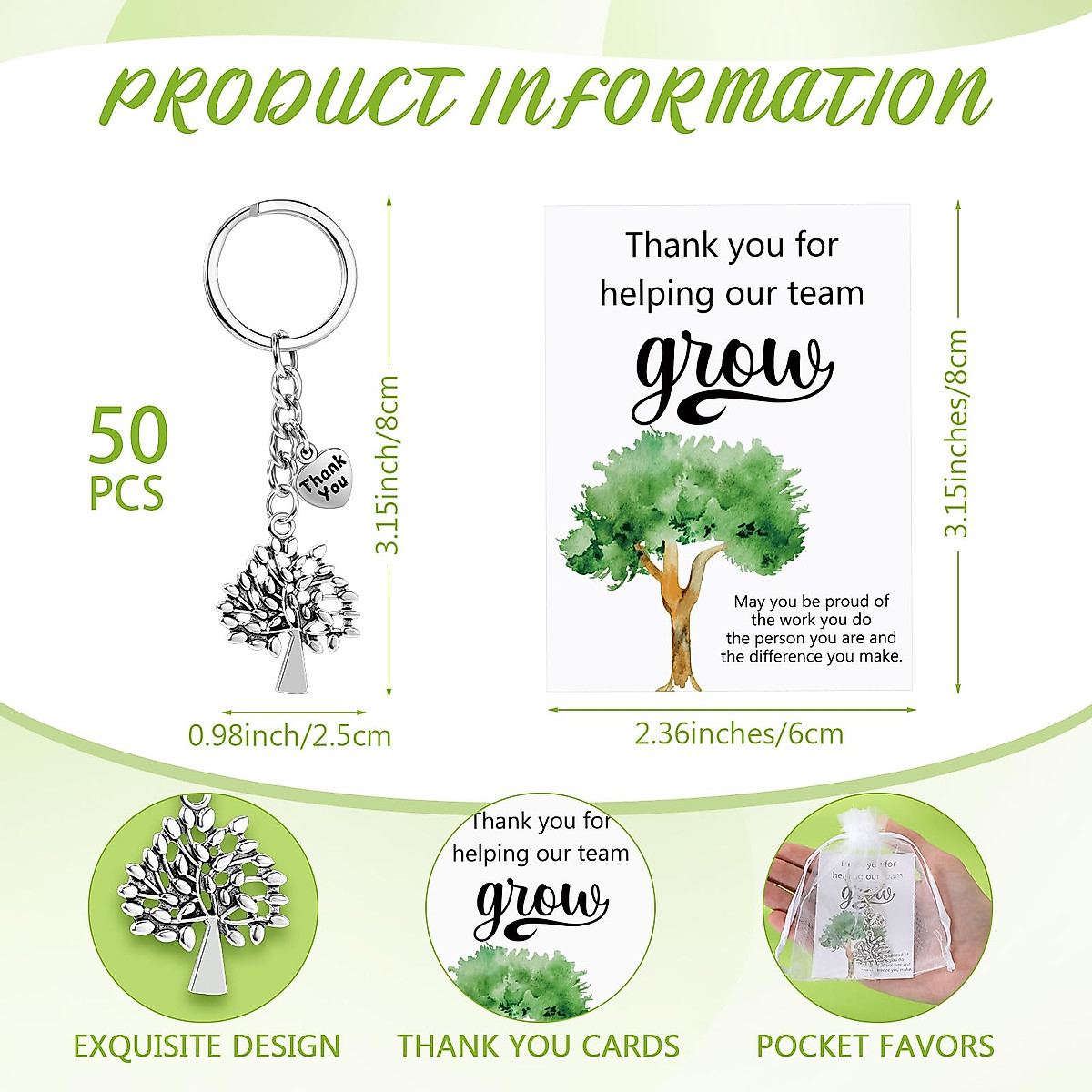 Landical 50 Sets Team Appreciation Gifts Tree Keychains Thank You Card Organza Bag Good Luck Keychain for Employee Coworker