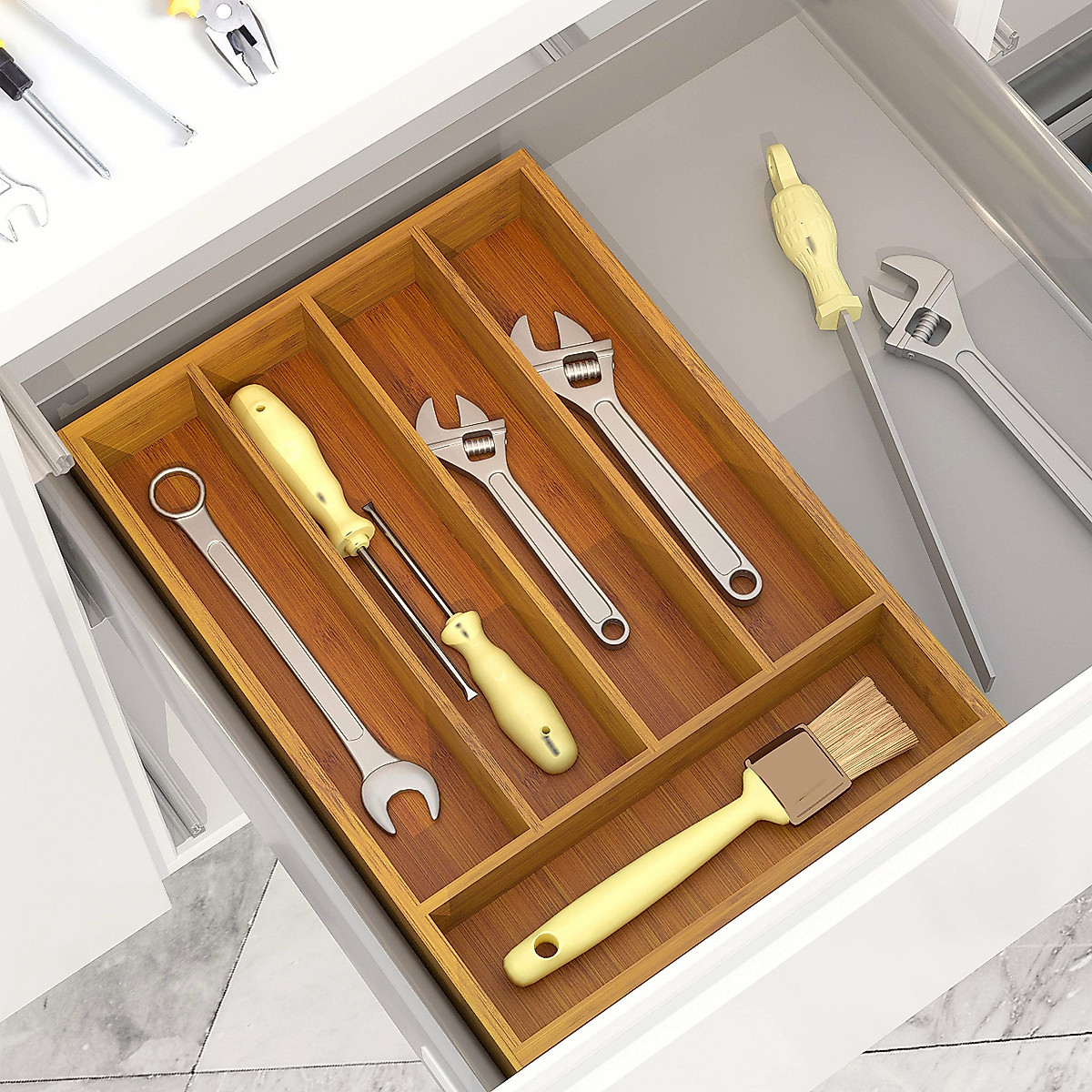 MOBOOMTIE Bamboo Silverware Organizer - Kitchen Drawer Organizer and Utensil Organizer, Perfect Size for Silverware, Flatware, Knives in Kitchen, Bedroom, Living Room (Natural, 9.8 in)