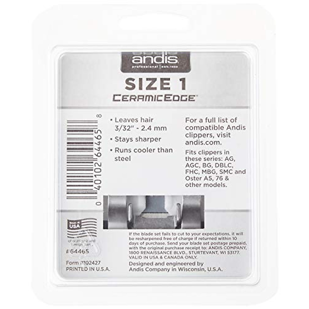 Andis 64465 CeramicEdge Carbon-Infused Detachable Clipper Blade, Size 1, 3/32-Inch Cut Length
