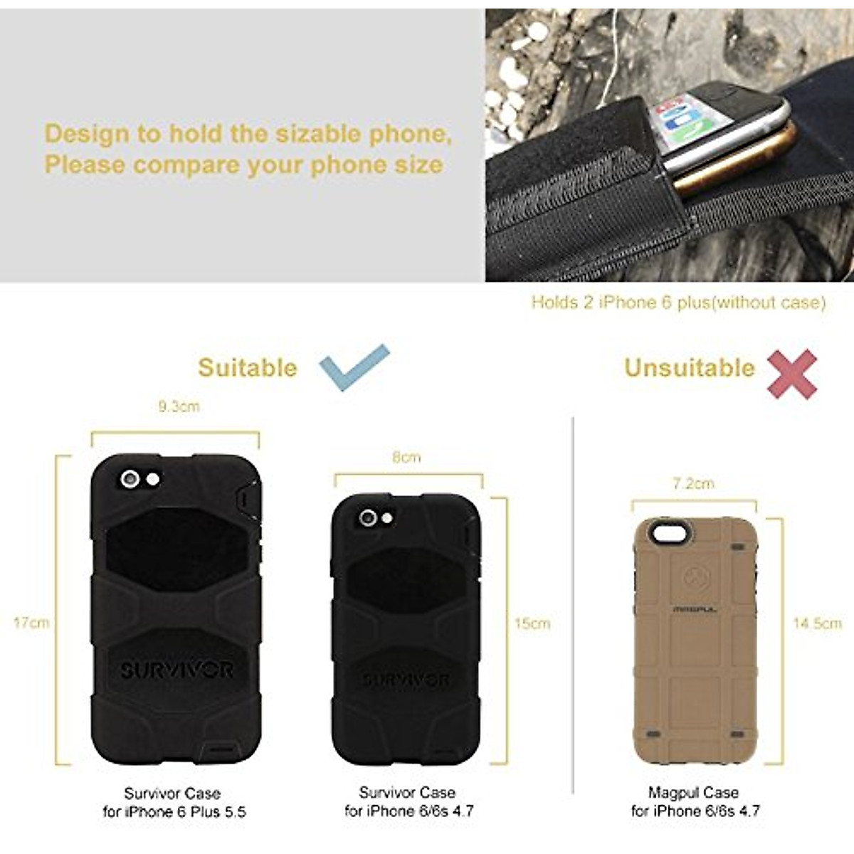 OneTigris Large Smartphone Pouch for 5.5"/6.1" Phone with Slim Survivor Case (Black)