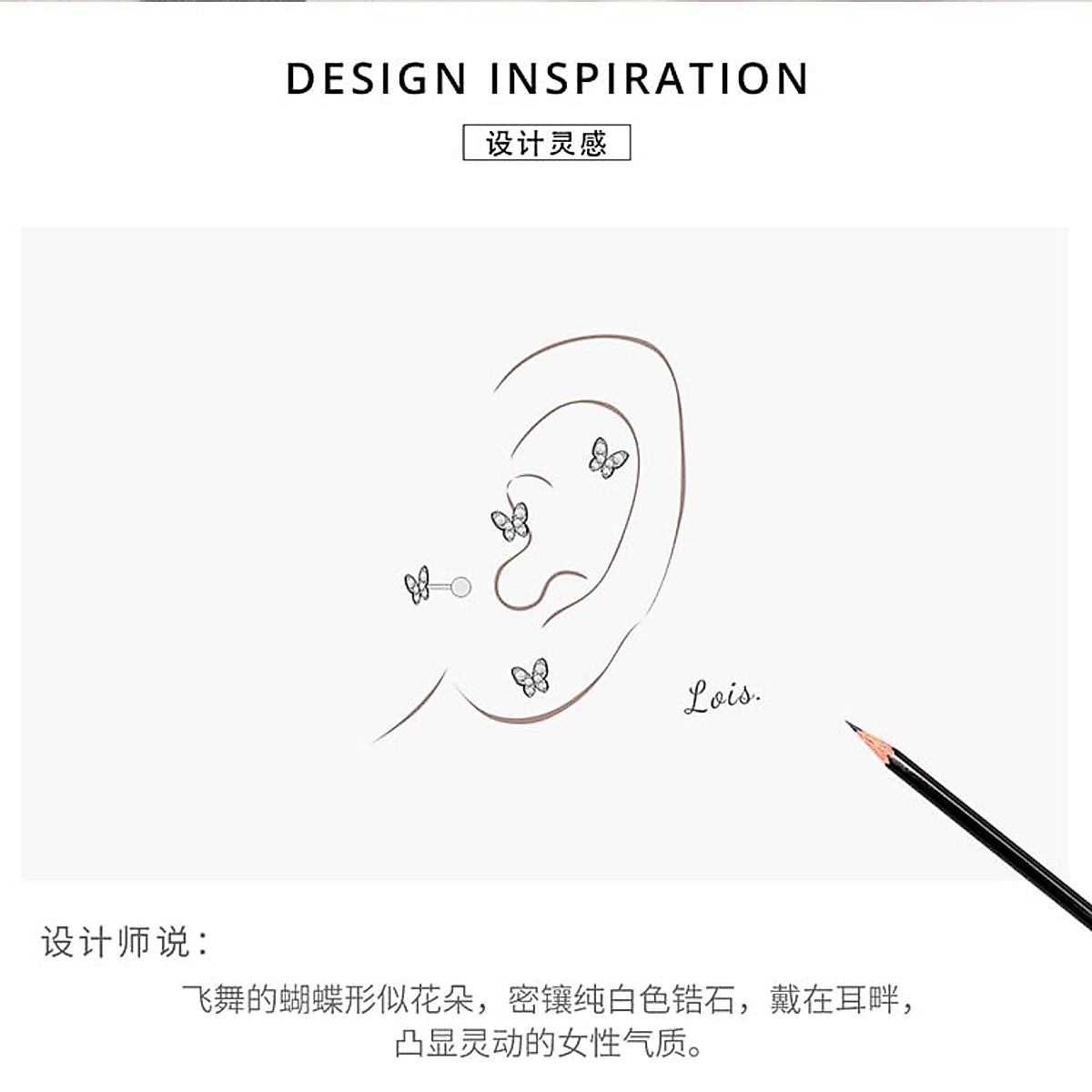 BISAER 925 Sterling Silver Tiny Butterfly Earrings With Screw Back Cubic Zirconia Stud Earrings for Women Cartilage Jewelry