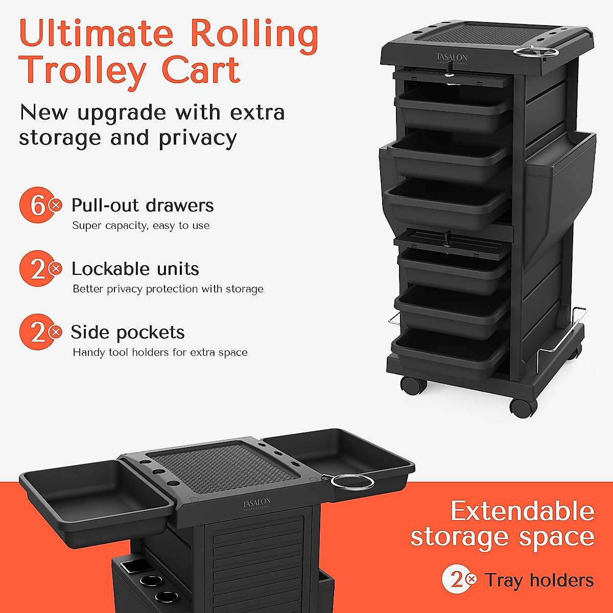 TASALON Ultimate Trolley Cart for Hair Salon Station – Space Saving Rolling Beauty Cart for Extra Storage, New upgrade Lockable 6 Trays & 2 Tray Holders– Multipurpose Tool Cart