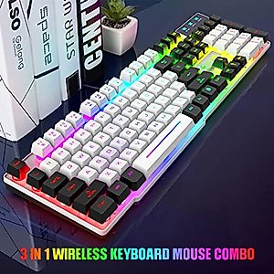 Wireless Gaming Keyboard and Mouse Combo Muti-Color Keycaps Rainbow Backlit Mechanical Feel Keyboard RGB Carck Luminescent Mice Mouse Pad for PC/Mac Gamer, Typist, Travel