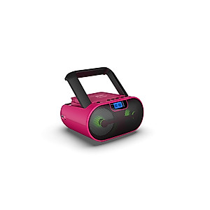 Riptunes CD Player Boombox Portable Radio AM/FM Bluetooth Boombox MP3/CD, USB, mSD, Aux, Headphone Jack Stereo Sound System with Enhanced Bass, LED Lights, LCD Display with Remote, Pink