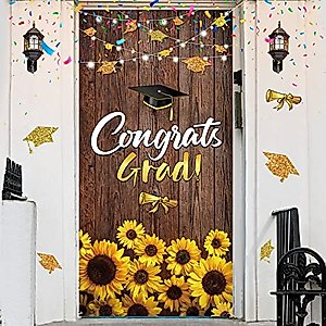 Graduation Party Decorations Graduation Door Cover Congrats Graduation Background Banner Rustic Wood Sunflower Graduation Door Porch Sign Photo Booth Backdrop for Graduation Party Supplies Favors