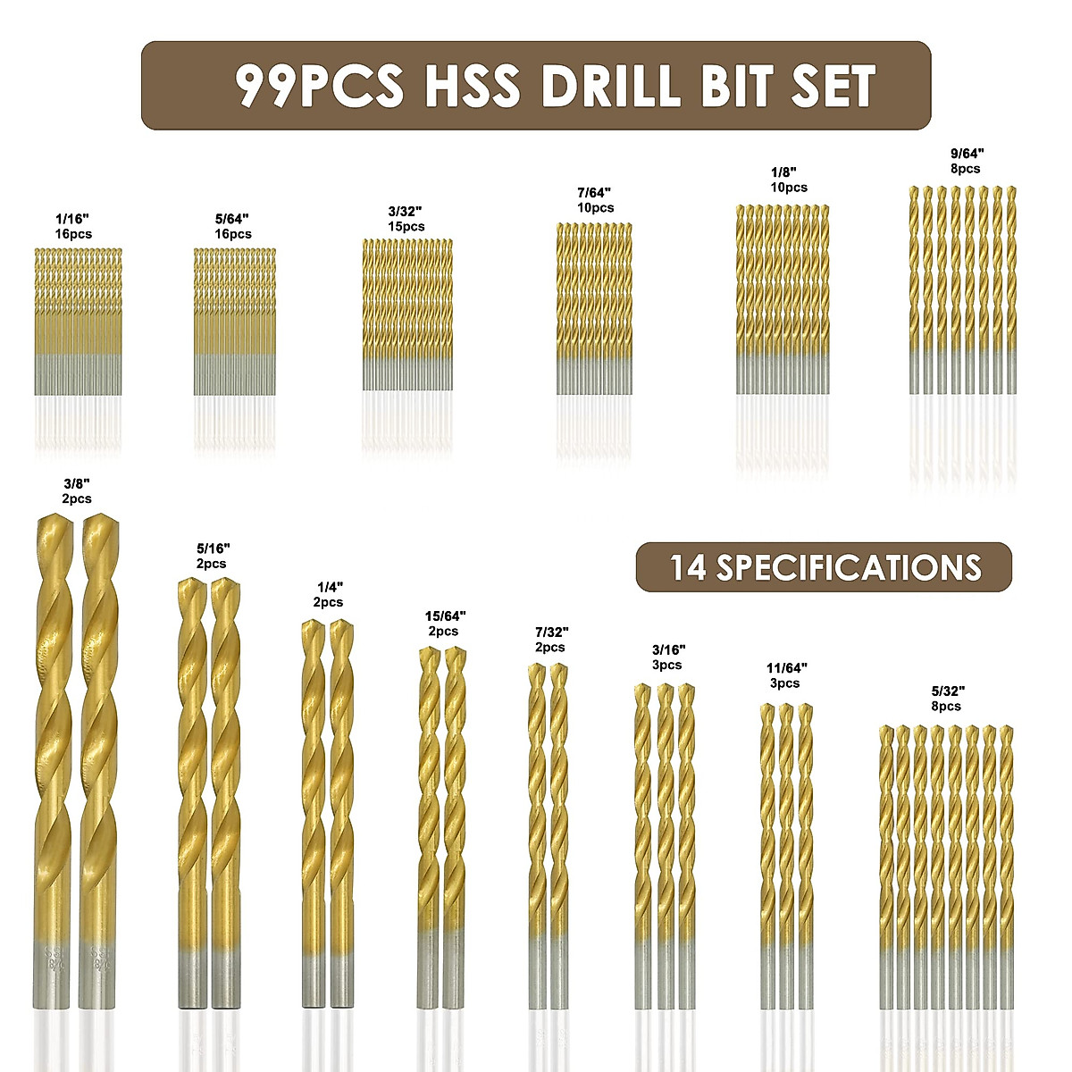 BeHappy Drill Bit Set 99 Pcs, Titanium Coated Drill Bit Set, Drill Bits for Metal and Wood, High Speed Steel Drill Bit Set for Aluminum Alloy, Copper, Wood, Plastic, Hard Storage, 1/16"-1/2"