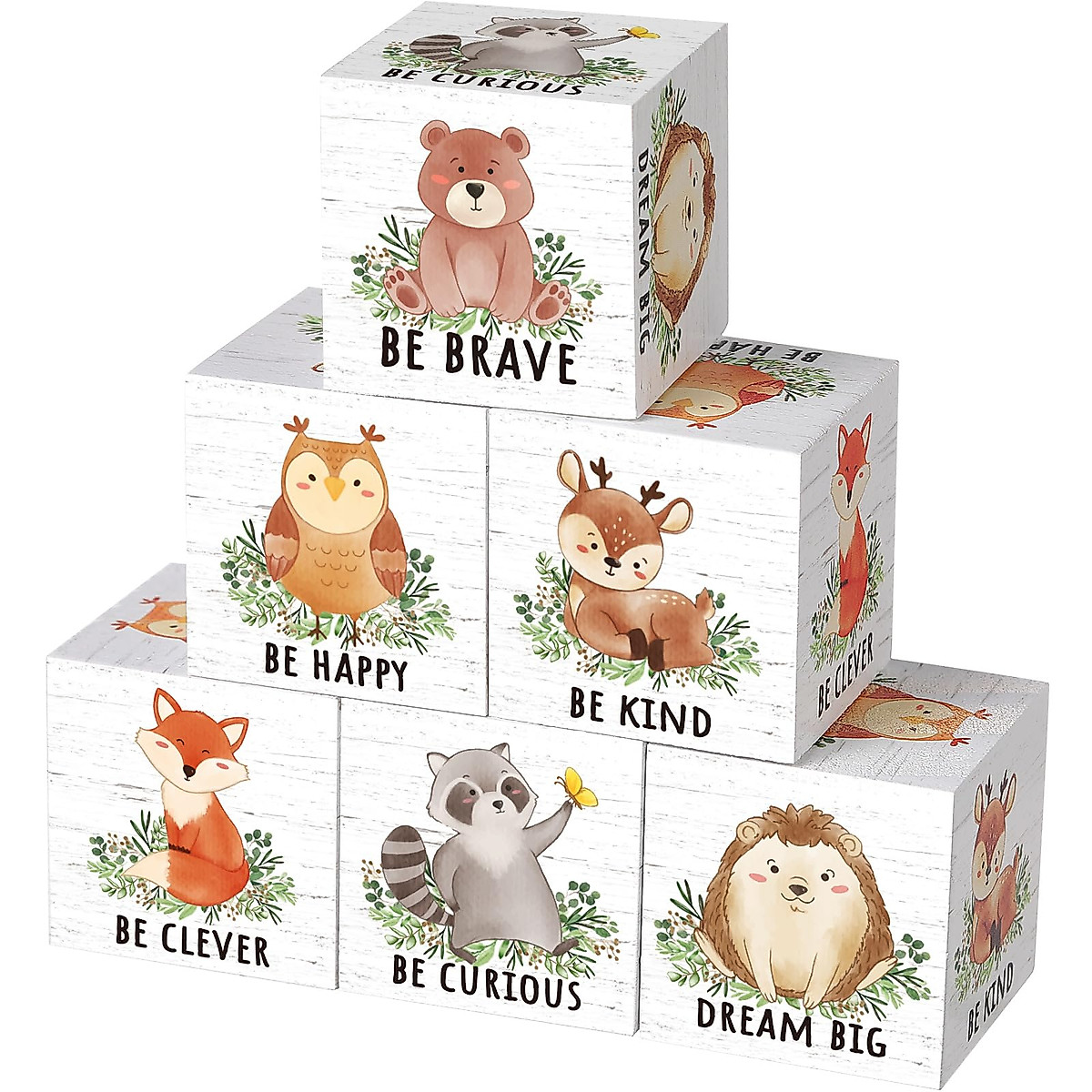 Vertintong 6 Pcs 1.6 Inch Inspirational Animal Nursery Decor Baby Wooden Forest Animals Bear Raccoon Lion Fox Decor Blocks Woodland Table Decor Safari Creatures Decor(Woodland,White)