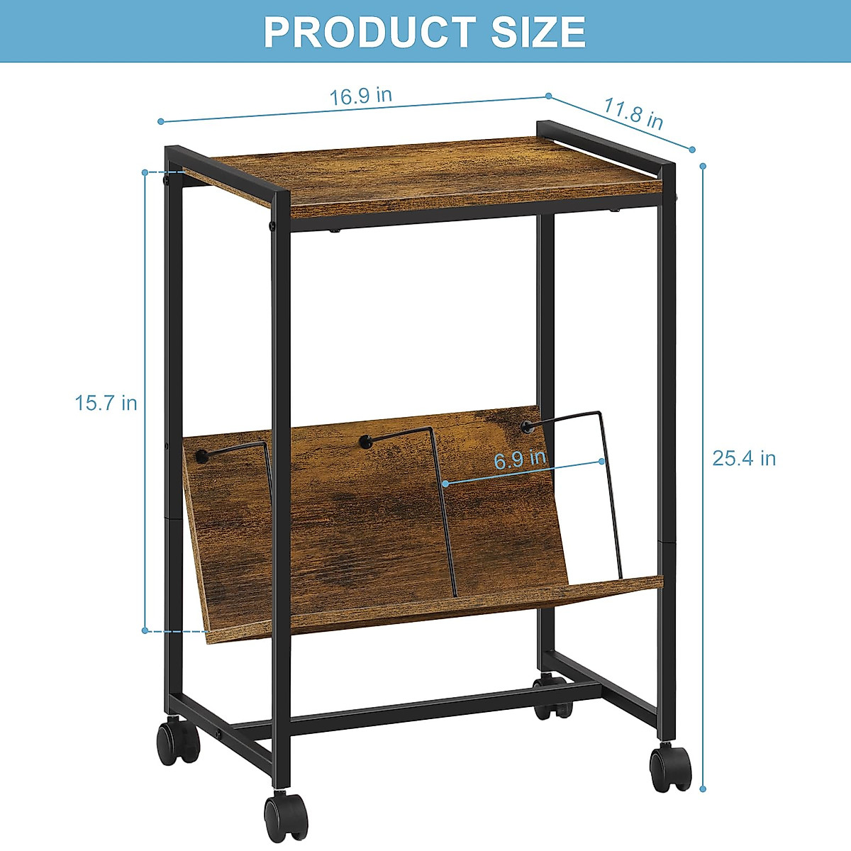 smusei Record Player Stand Industrial Record Player Table with Album Storage Shelf, Turntable Stand with Wheels Vinyl Record Holder Cabinet for Living Room Office, Rustic Brown