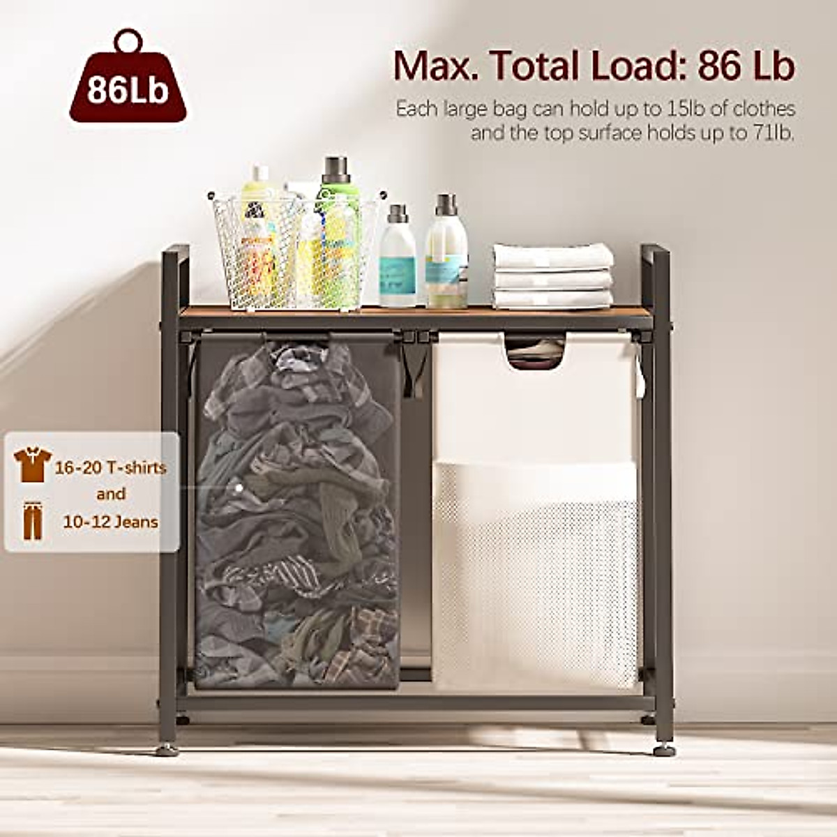 Lulive Double Laundry Hamper, Multifunctional Basket Organizer, 112L Laundry Sorter with Removable Bags and Fabric Handles, Large Top Shelf Laundry Bag for Bathroom, Dorm, Laundry Room