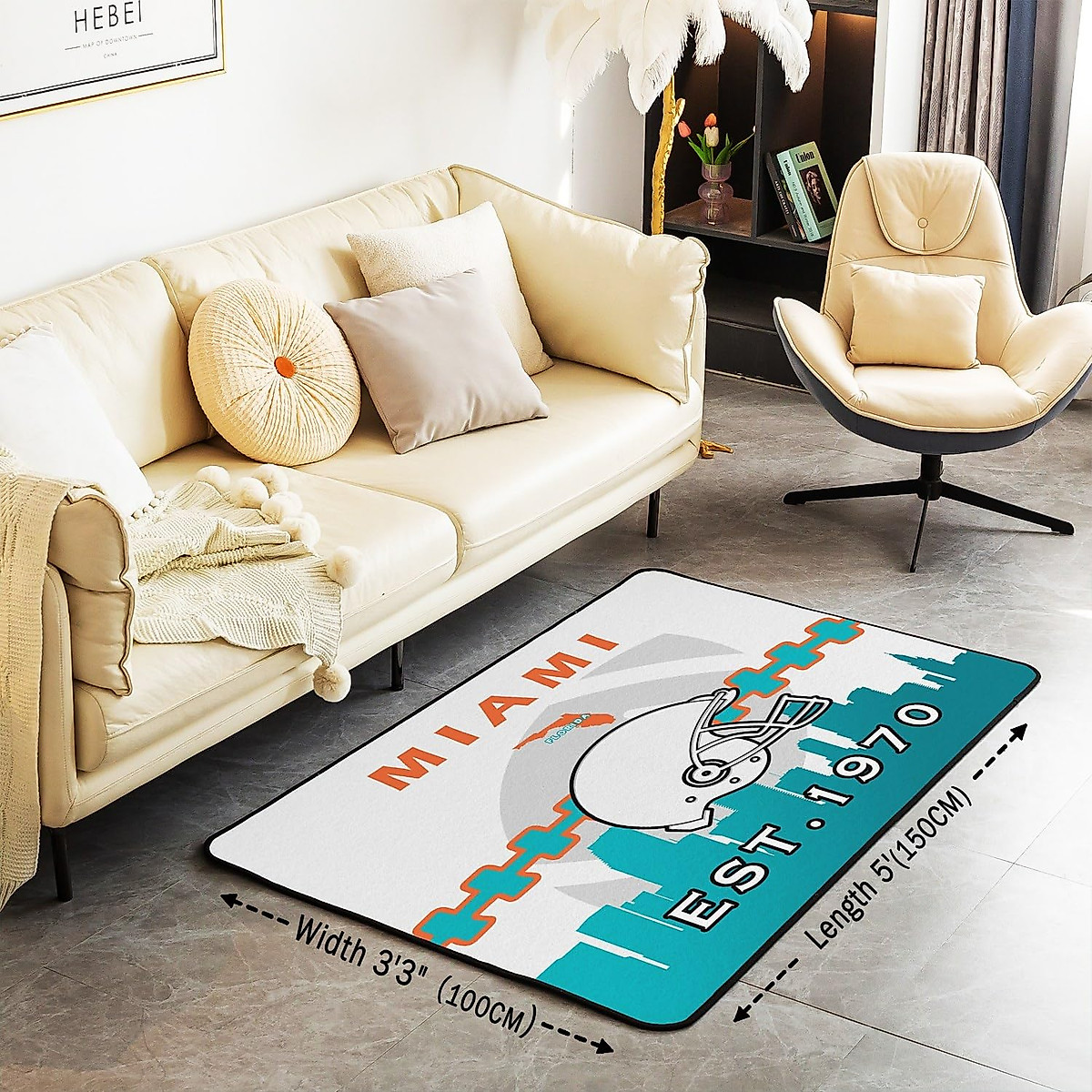 Erosebridal American Football Area Rug 3x5 Kids Football Carpet Boys Living Room Rug for Men,Rugby Accent Rug Set for Bedroom Decor,Blue Orange(Miami)