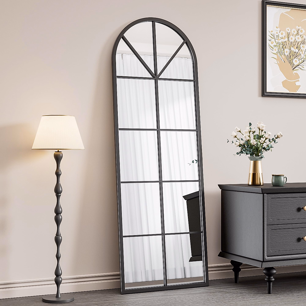 OGCAU Arched Full Length Mirror 65"x22", Floor Mirror Full Length, Full Body Mirror, Wall Mirror Full Length, Arched Wall Mirror for Bedroom, Dressing Room, No Stand, Iron Frame - Black