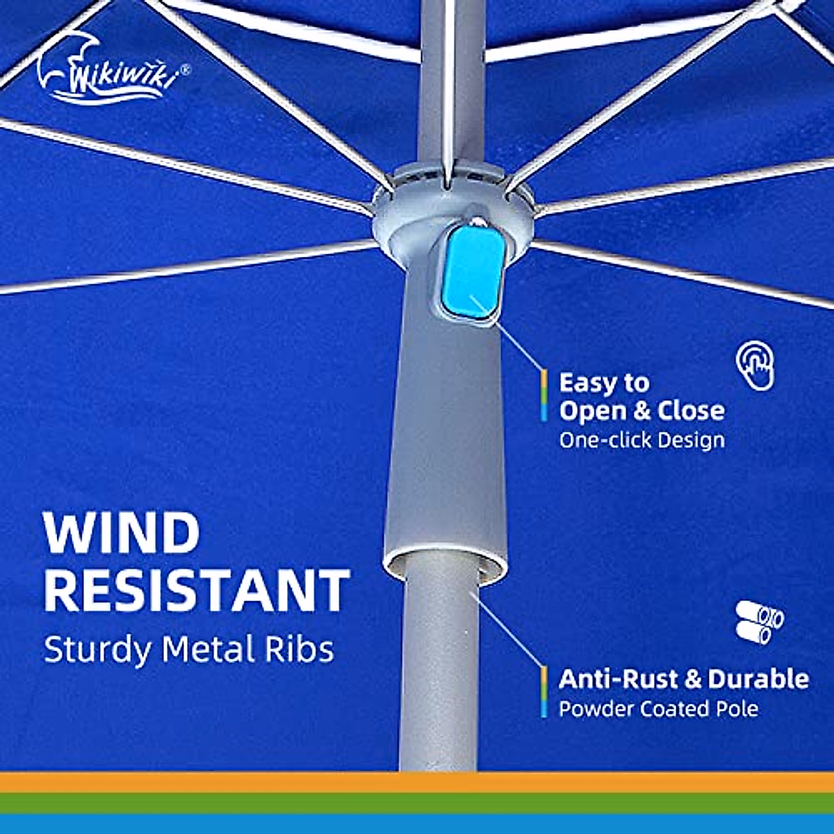wikiwiki 7FT Beach Umbrella for Sand, Portable Sunshade Umbrella with Sand Anchor, Carry Bag, Push Button Tilt, Air Vents, SPF60+ Protection Sun Shelter for Sand and Outdoor Activities (Blue)