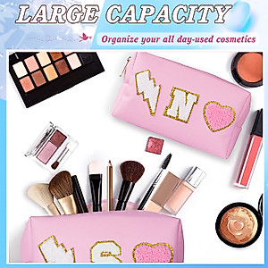 TOPEAST Preppy Makeup Bag Initial Chenille Letter Bag Cosmetic Bag Portable Travel Toiletry Bag, Personalized Birthday Gift for Women Girls, Preppy Travel Stuff for Girls, Pink K