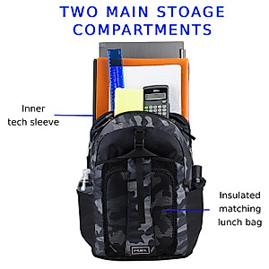 FUEL Lunch Backpack Set Teens Student Water Resistant Bookbag Bag Soft Reusable Insulated Cooler Lunch Box Thermal Travel Office Lunch Bag, Grey Camo