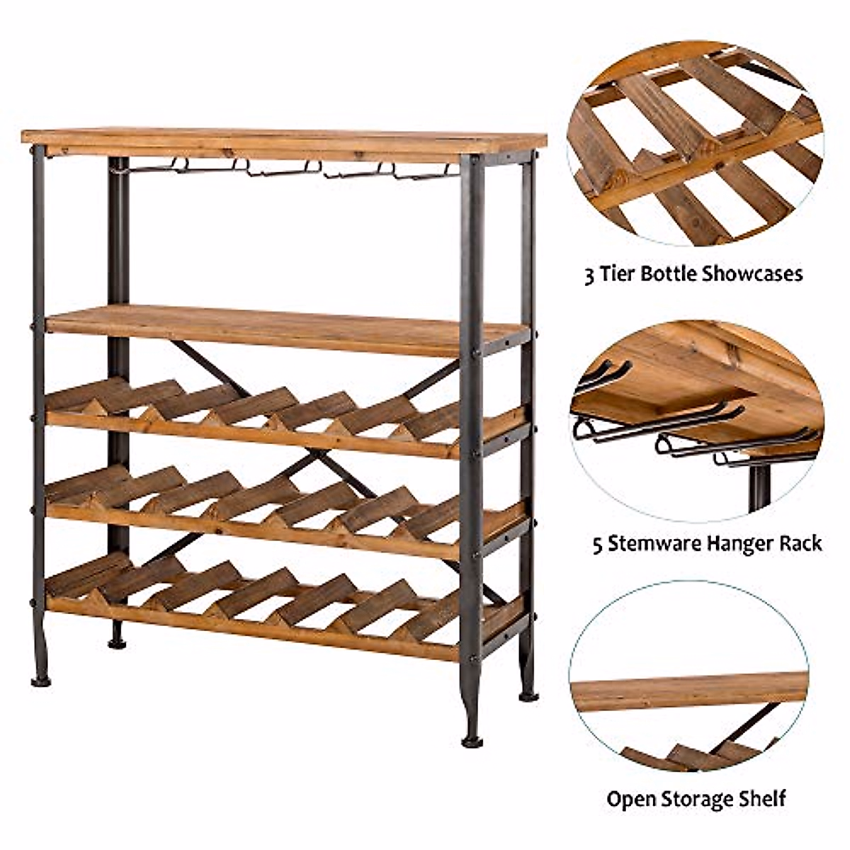 glitzhome Rustic Wine Rack 5-Tier Free Standing Floor Wine Rack for Wine Bottles and Glasses 21-Bottle Stackable Capacity Wine Storage Shelves with Glass Holder Wood Wine Rack for Kitchen Bar Pantry