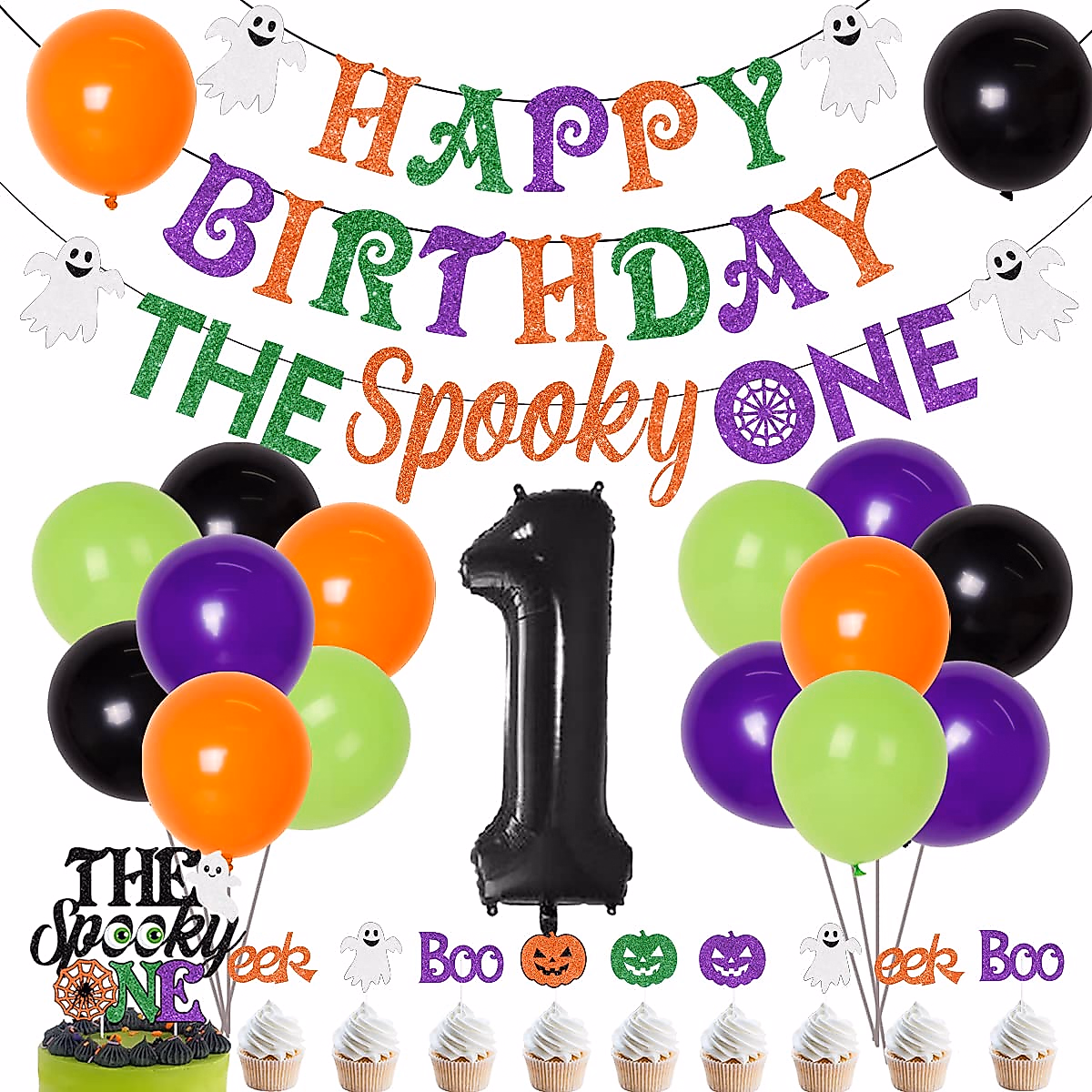 Fangleland Halloween 1st Birthday Party Decorations - The Spooky One Happy Birthday Banner Garland Cake Toppers Number 1 Balloon for Boy Girl Halloween Spooky One First Birthday