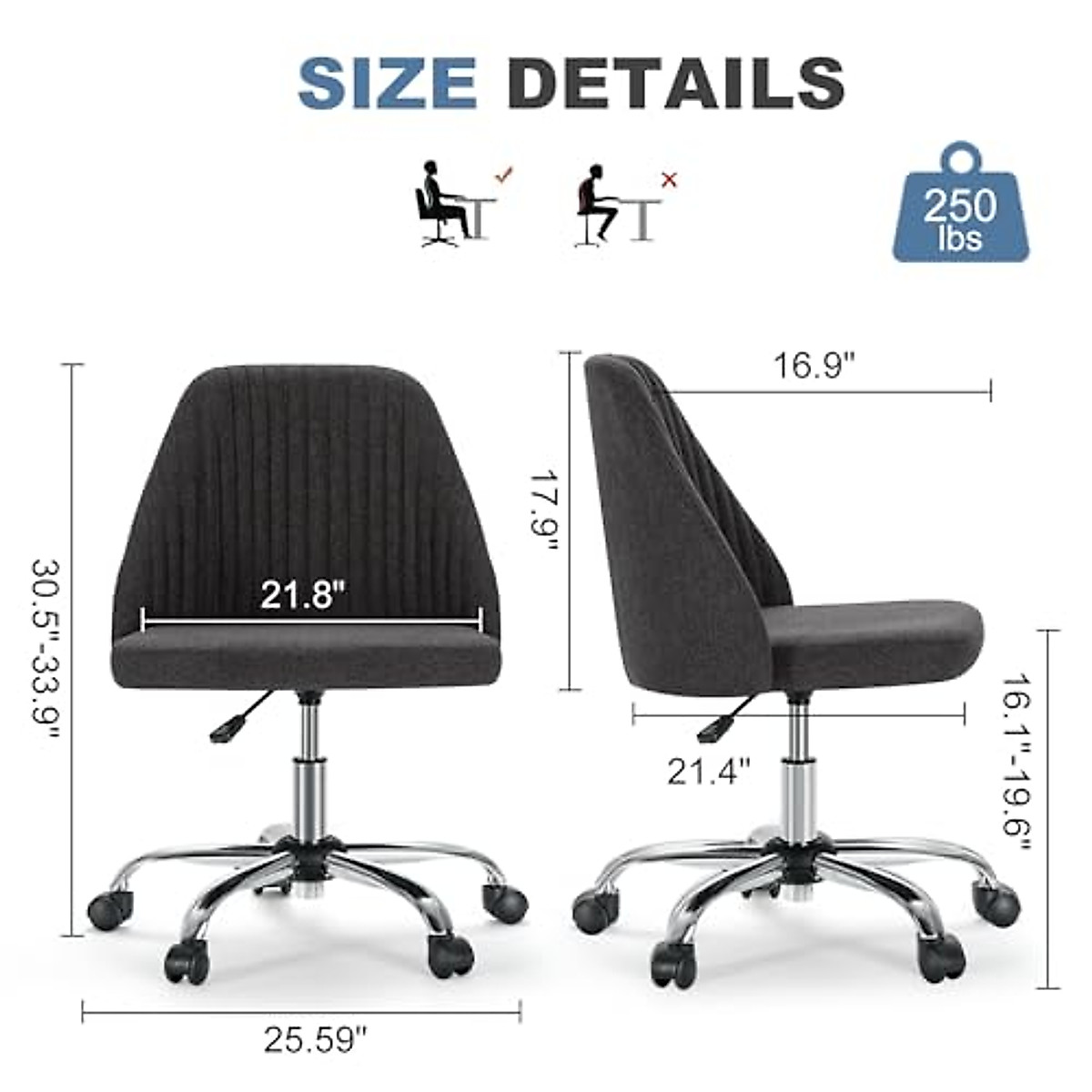 Office Chair, Desk Chair, Small Desk chairs with wheels Cute Vanity Swivel Chair with Back Mid Century Modern Armless Home Office Desk Chairs Task Chair for Bedrooms, Office, Dressing Room, Study