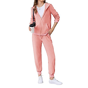 HOTOUCH Womens Active Hoodies Outfits Velvet Zip Up Sports Wear Jogging Velour Track_Suit Pink, X-Large