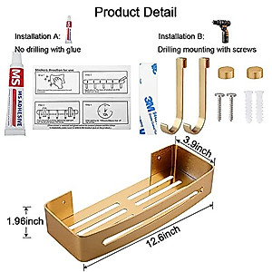 Coolnice 2 Pack Shower Caddy Shelf Organizer Aluminum Rectangle Shower Shelf with 4 Hooks Wall Mount Bathroom Shelf for Bathroom Toilet Kitchen No Need Drilling with Adhesive-Orange