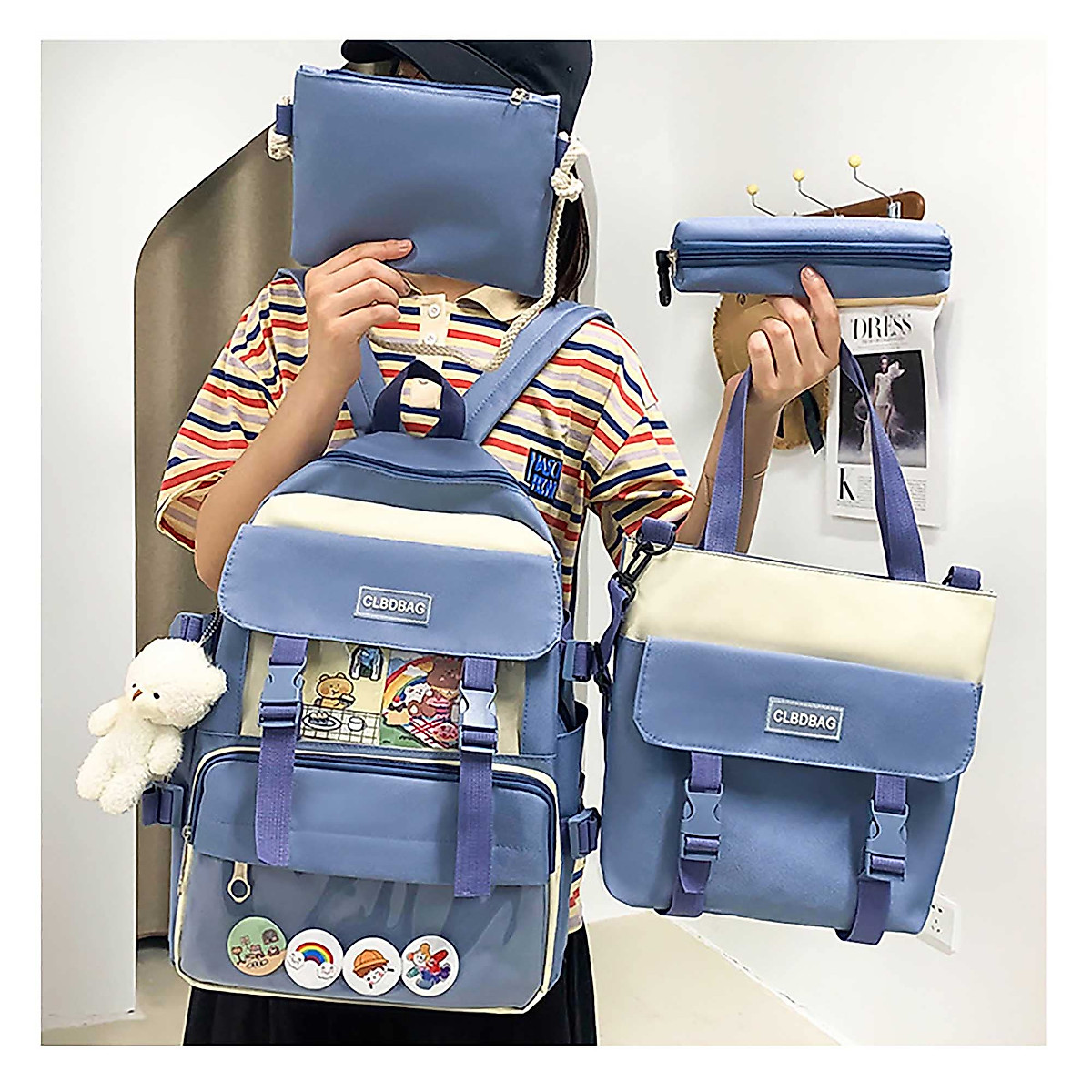 Cute Kawaii Backpack 4Pcs Canvas Backpack Give away bear pendant Pencil Pouch Shoulder Bag Lunch Bag for Girls Boys (Red)