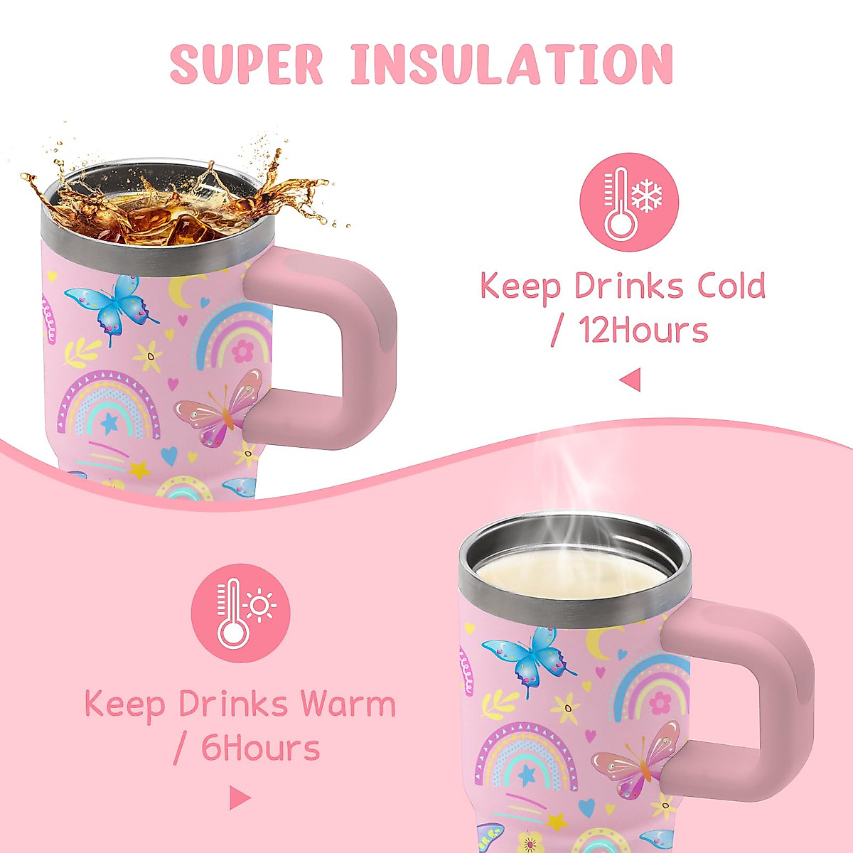 Butterfly Gifts for Girls, Rainbow Tumbler with Handle and Straw for Kids 14 oz, Birthday Gifts for Butterfly Lovers Girls, Insulated Stainless Steel Travel Mug for Toddlers