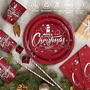 Merry Christmas Tableware Set for 25 Guests, Red Paper Plates Set with Plates Napkins Cups Straws Cutlery for Christmas Party Supplies, 200 pcs Disposable Party Dessert Dinnerwares
