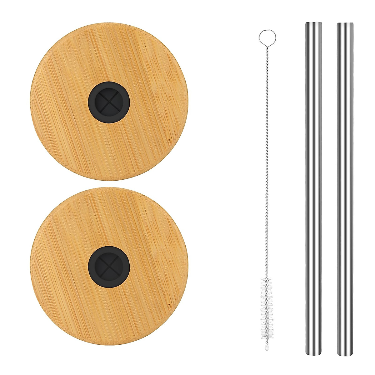 Cafezi Bamboo Lids Mason Jar Lids with Stainless Steel Straws,Reusable Lids with Straw Hole,2 Straws and 1 Straw Brush,Bamboo Mason Jar Lids for Wide and Regular Mouth Mason Jar