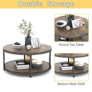 NSdirect 36 inches Round Coffee Table, Rustic Wooden Surface Top & Sturdy Metal Legs Industrial Sofa Table for Living Room Modern Design Home Furniture with Storage Open Shelf (Brown)