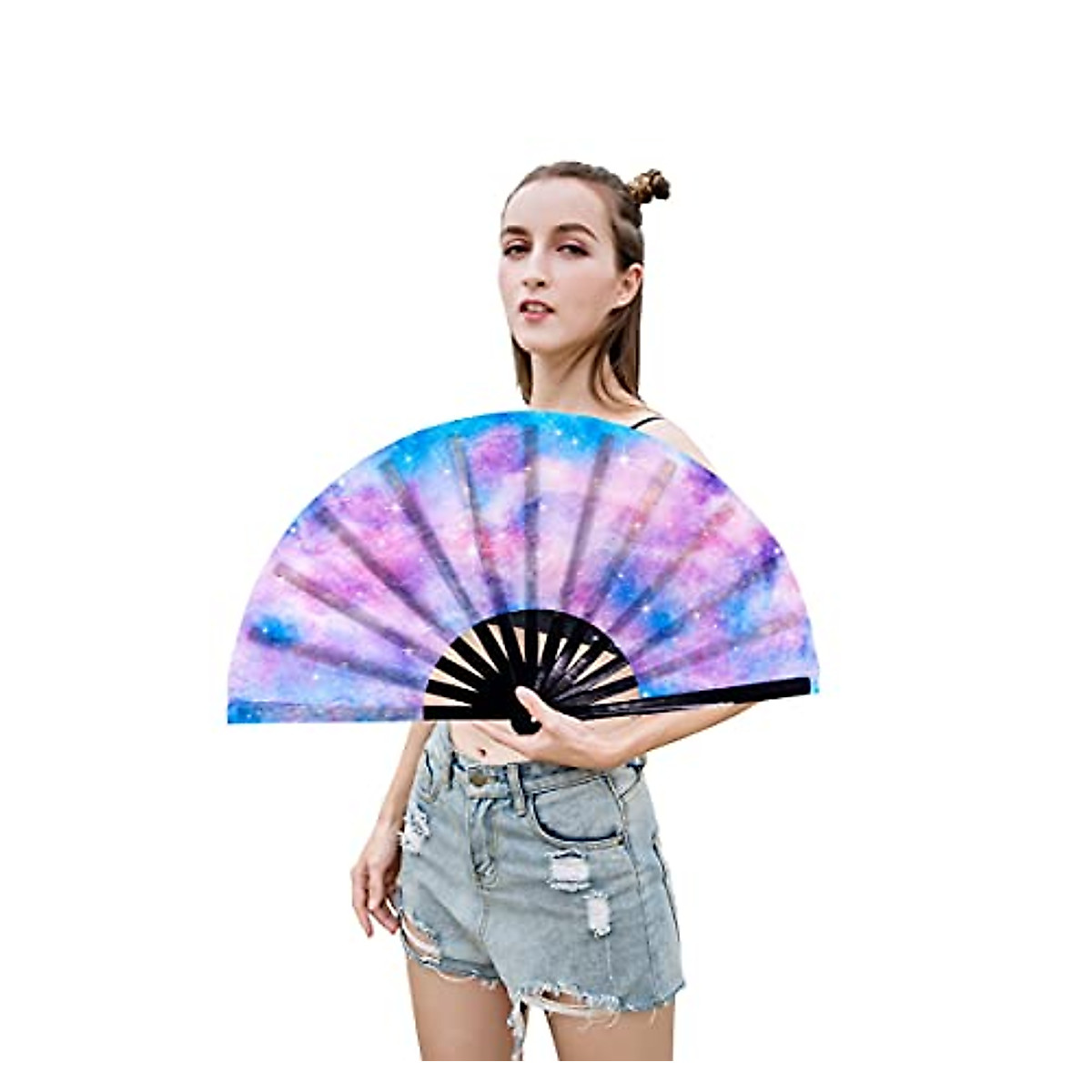 Amajiji Large Folding Fan, Chinease/Japanese Bamboo and Nylon-Cloth Folding Hand Fan, Hand Folding Fans for Women/Men, Hand Fan Festival Gift Fan Craft Fan Folding Fan Dance Fan (Galaxy)