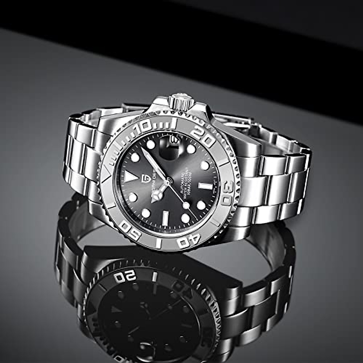 Mens Watches Pagani Design 1651 Wrist Watch for Men Automatic Mechanical NH35 Movement 100M Water Resistant Sapphire Glass Ceramic Bezel Stainless Steel Watch (White Grey)