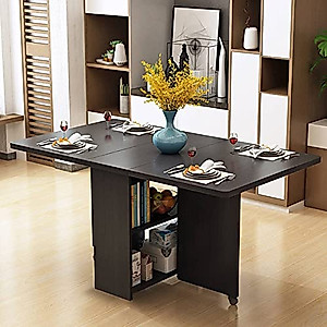 DINAZA Folding Dining Table Drop Leaf Table for Small Spaces with 2 Tier Storage Racks Multifunction Space Saving Table Extension Dinner Table for Kitchen Bedroom