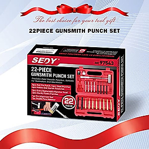 SEDY 18-Pieces Roll Pin Punch Set, Roll Pin Starter Punch, Brass, Steel, Plastic Punches & Brass/Polymer Hammer. Red Storage Carring Case provided