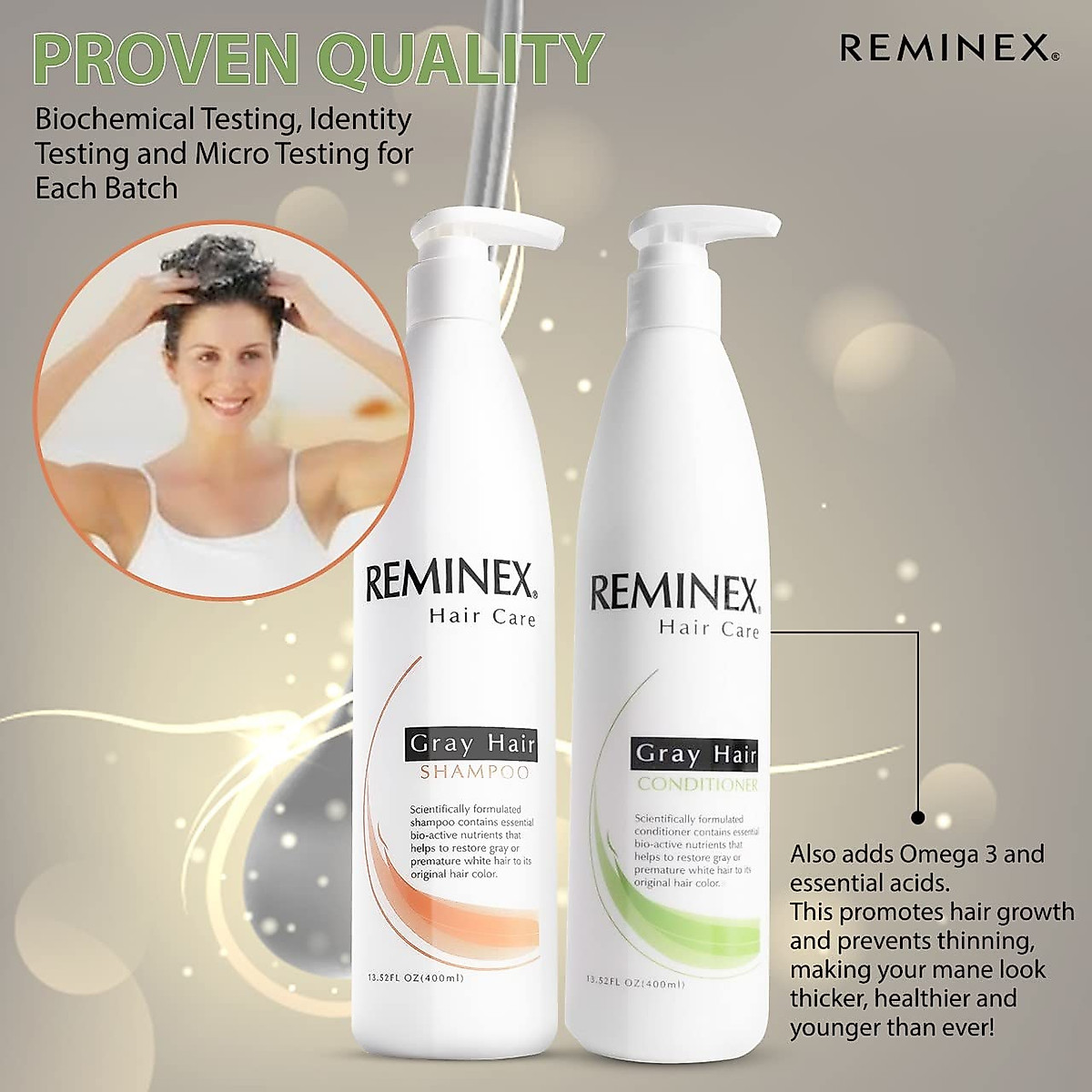 Reminex Anti Grey Hair Shampoo And Conditioner - Color Restore Set To Prevent Gray Hairs and Overall Aging of Hair - Hydrates and Promotes Hair Growth - 1 Pack