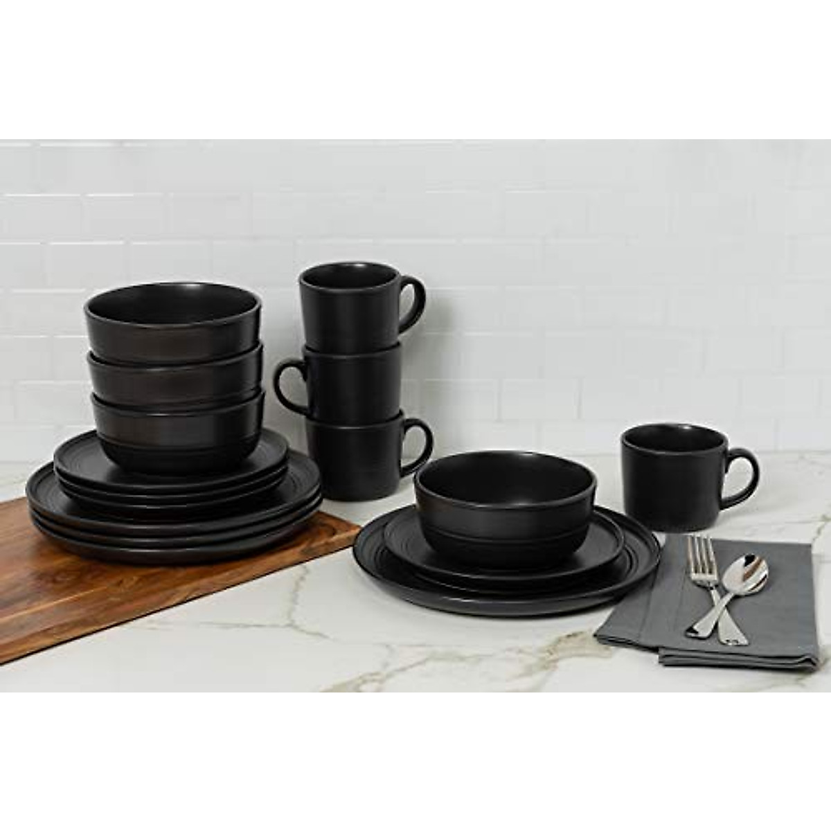 10 Strawberry Street Double Line 16 Piece Dinnerware Set, Matte Black