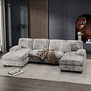 Furniwell Convertible Sectional Sofa Couch, 4 Seat Sofa Set for Living Room U-Shaped Modern Fabric Modular Sofa Sleeper with Double Chaise & Memory Foam (Grey)