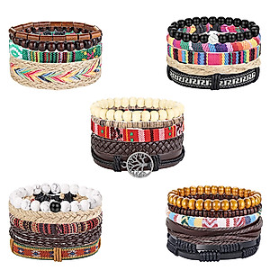 FINREZIO 24 Pcs Braided Leather Bracelet Set For Women Men Wristbands Boho Ethnic Tribal Linen Hemp Cords Beads Wrap Bracelets String Handmade Jewelry