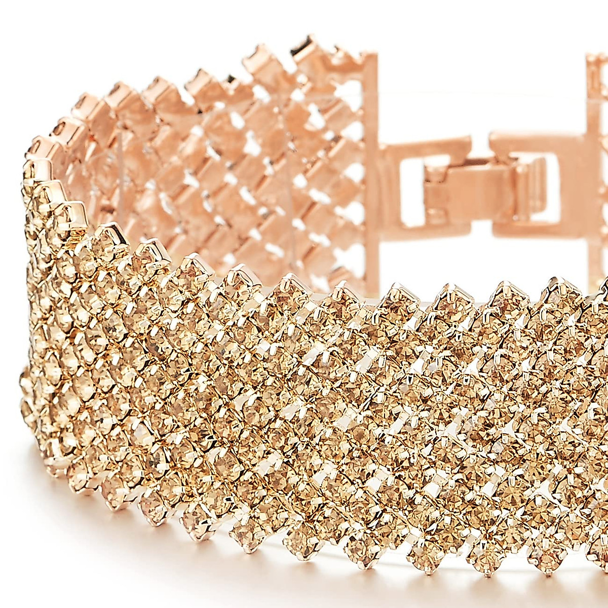 COOLSTEELANDBEYOND Sparkling Womens Champagne Gold Rhinestones Pave Cluster Wide Rose gold Bangle Bracelet, Bling Bling