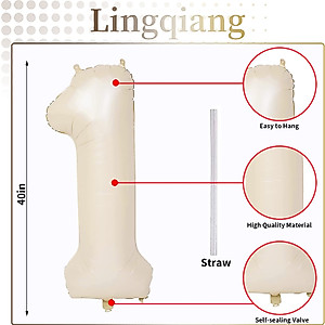 40 Inch Beige Number 1 Balloon for 1st Birthday Decoration, Large Self Inflating Cream Foil Number Balloons 0-9 for Boys Girls, White Sand 1 Helium Balloons for Women Men Party Anniversary Supplies