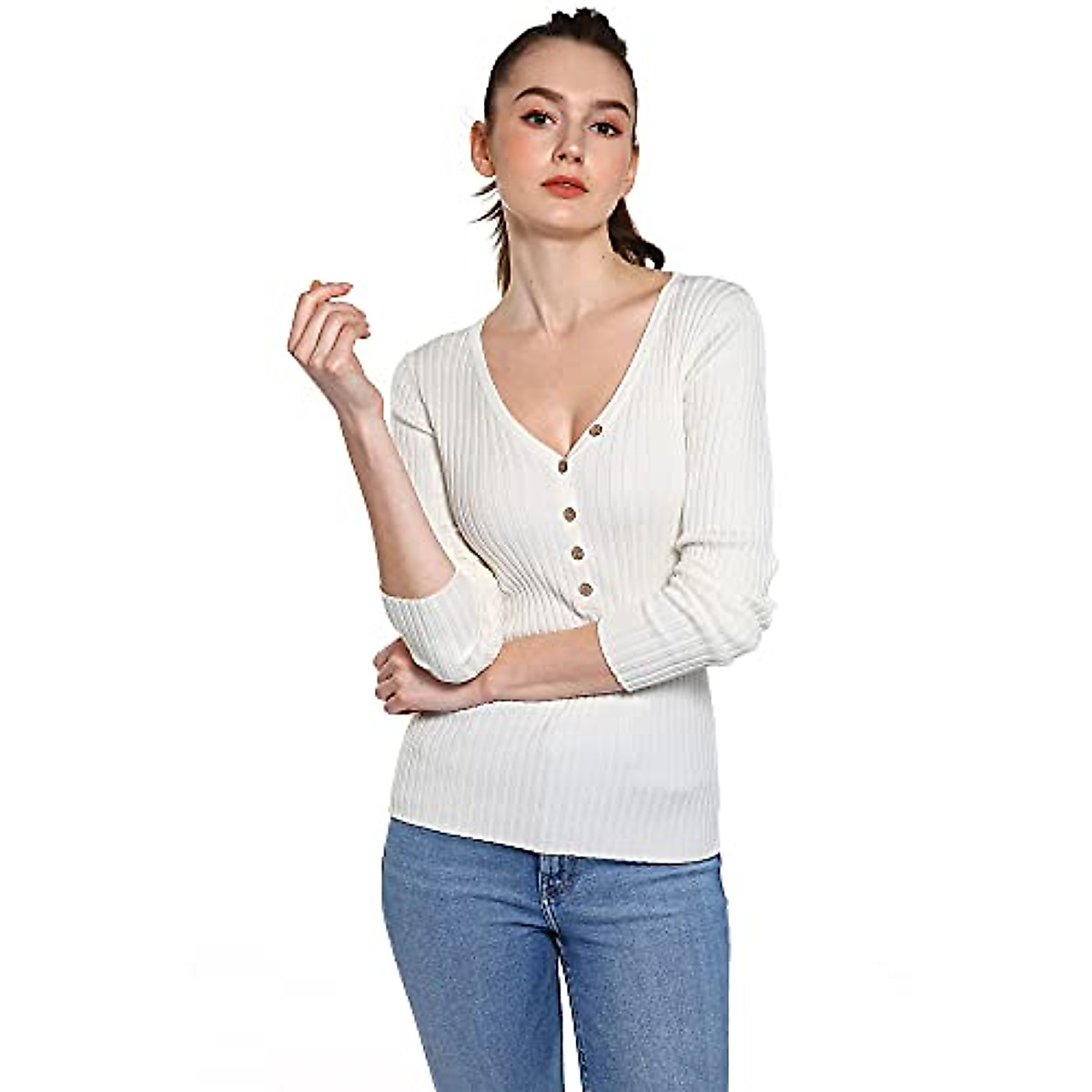 AmélieBoutik Women V Neck Henley Long Sleeve Pullover Ribbed Sweater (Ivory Large)