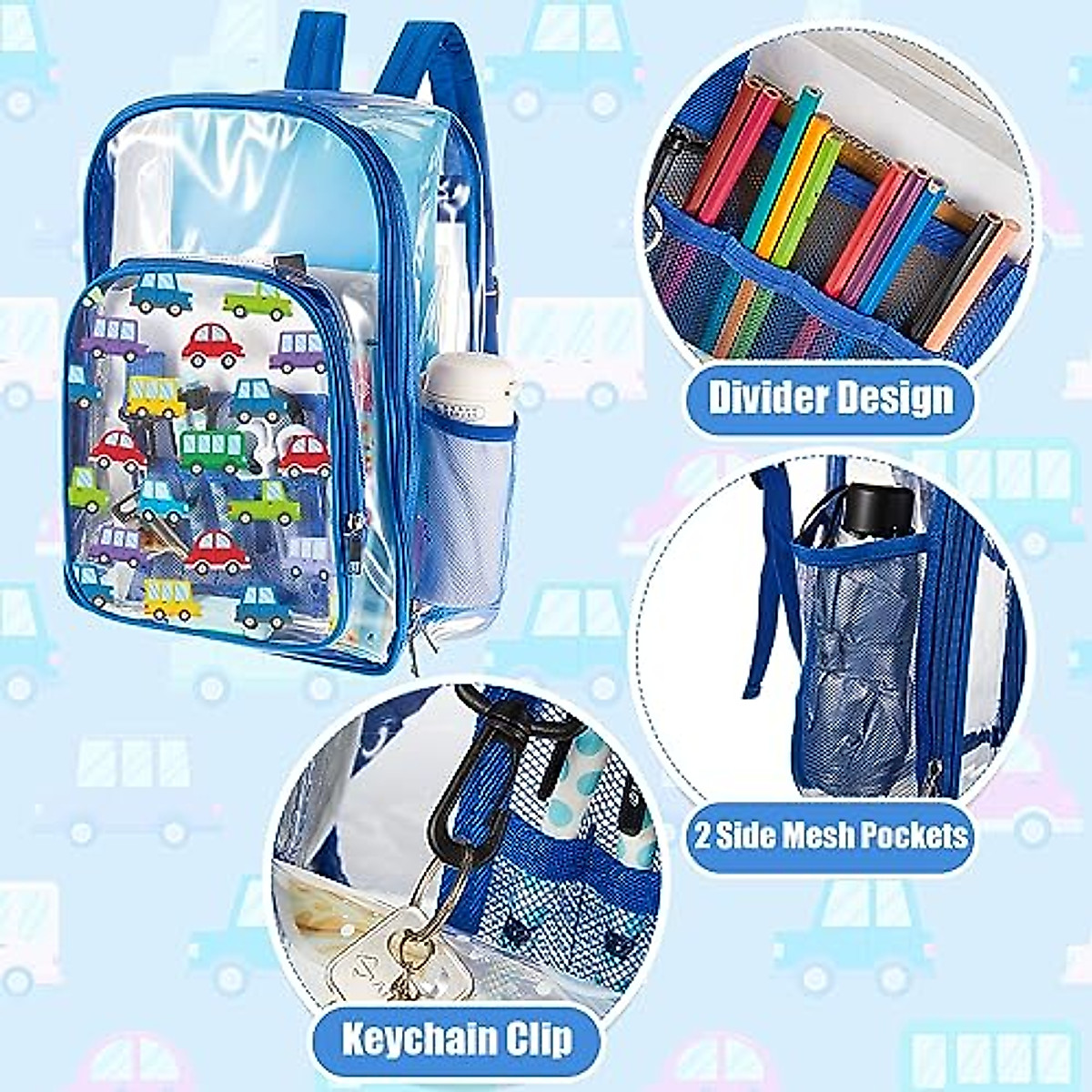 Eccliy Clear Backpack Stadium Approved Backpack 3 School Backpack for Girls Boys Christmas Clear Backpack Girls Boys Backpack (Blue, Car)