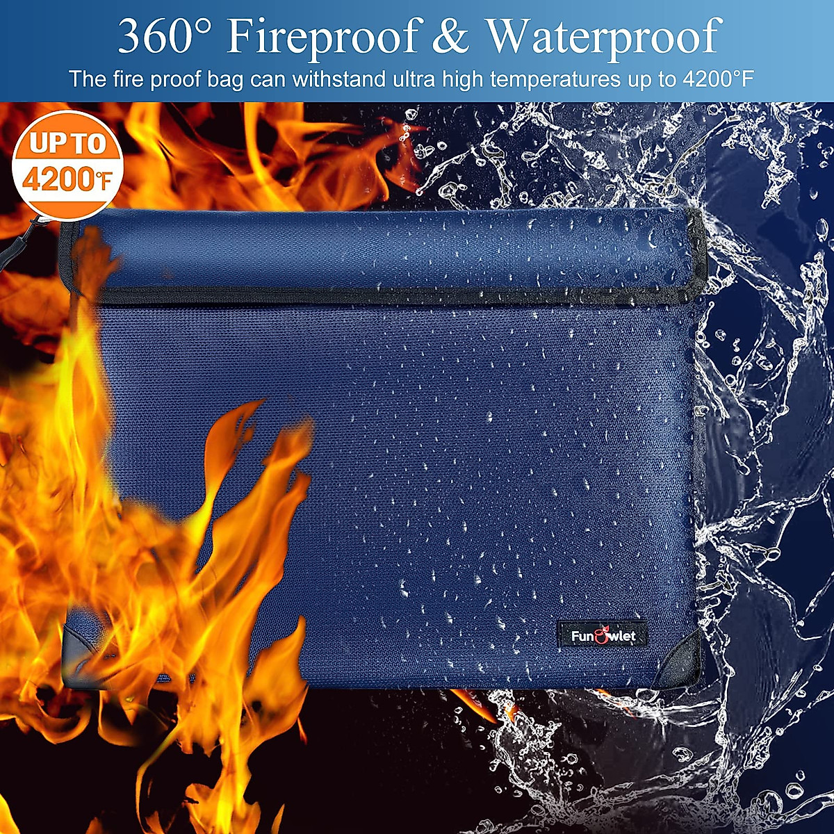 Fireproof Waterproof Money Document Bag - with 4200°F Heat Insulated, Safe Storage Pouch with Zipper, Upgraded 8 Layers of Functional Materials for Valuables (13.9"x10.6", Blue)