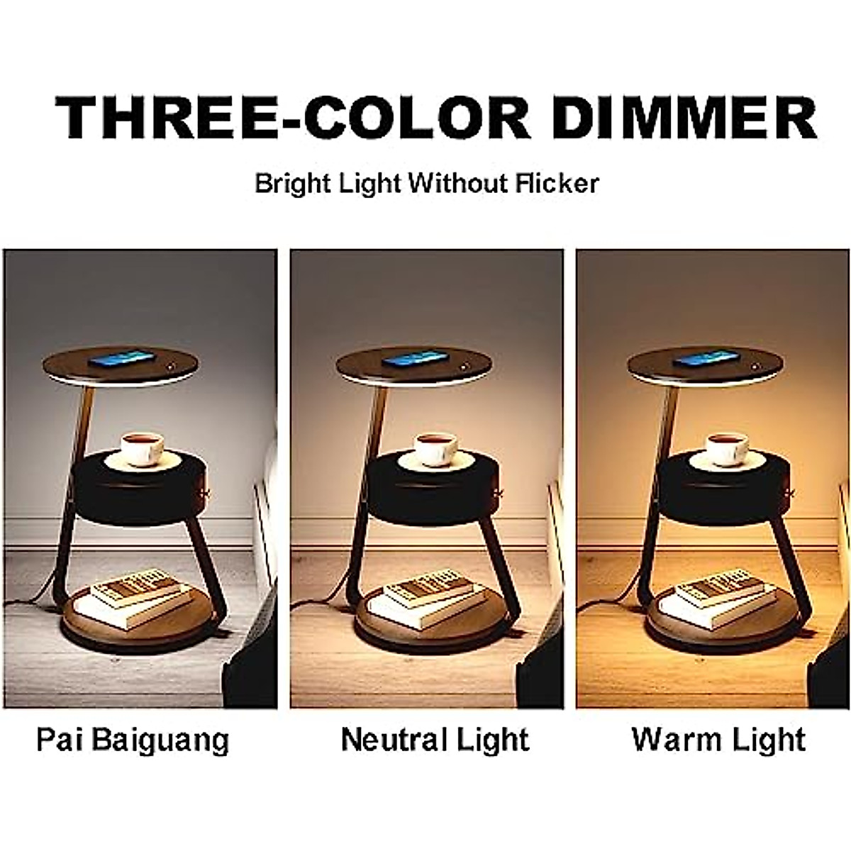 BKEKM Nightstands Smart Nightstand Wood End Table Wireless Charging Bedside Table 1 Drawers Bedside Dresse 3 Color Led Light Bedside Cabinet Well Made