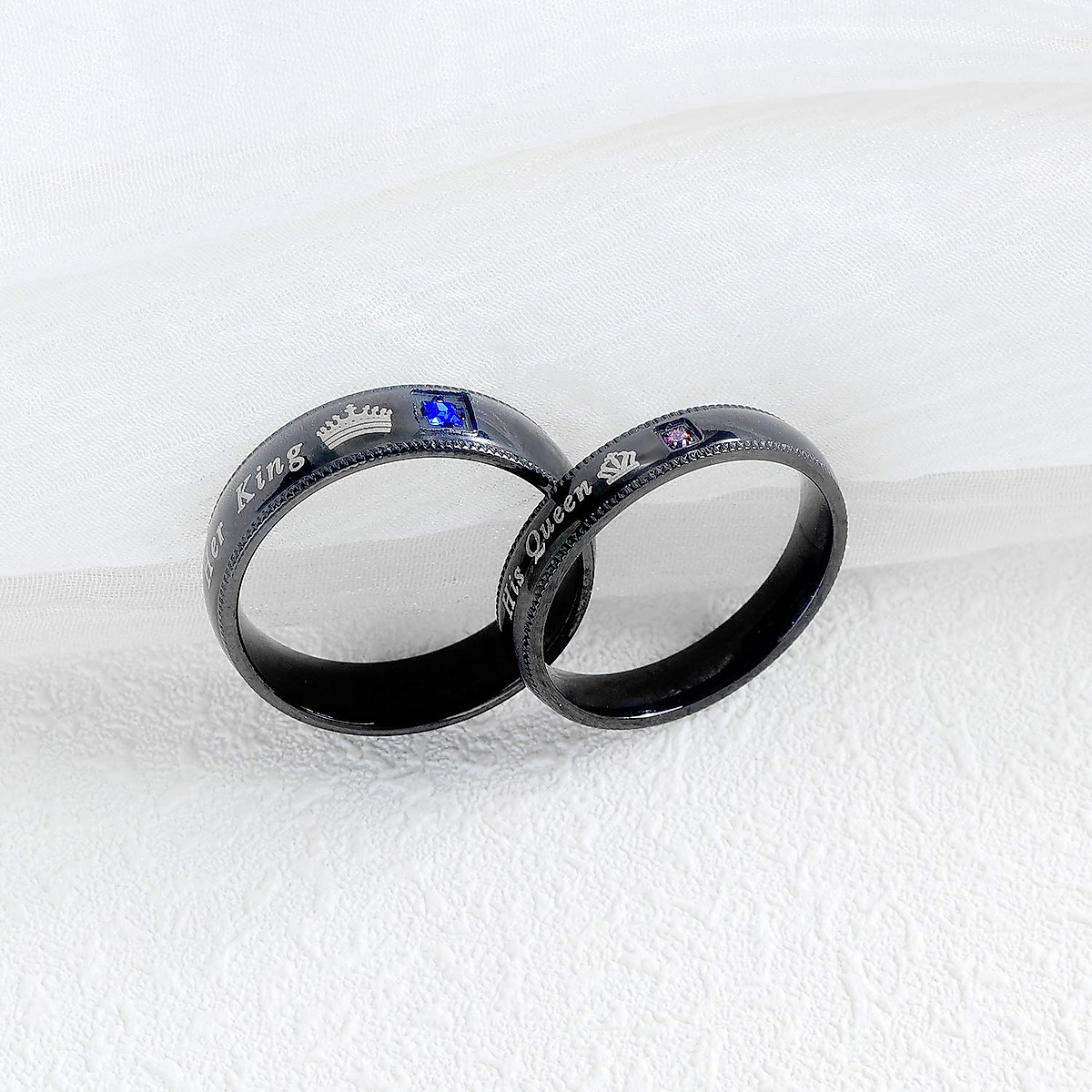 2pcs His Queen Her King Wedding Engagement Band Stainless Steel Black Couple Rings For Him and Her Matching Set